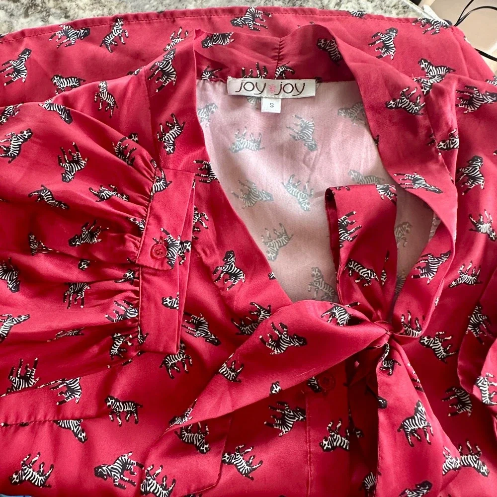 Joy Joy | Tops | Joy Joy Red Zebra Print Tie Neck Satin Blouse Womens S ...